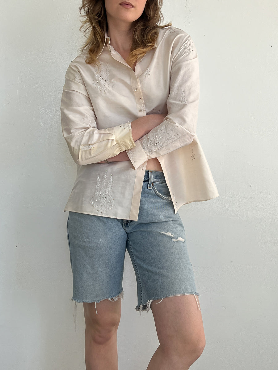 Vintage Beaded White Silk Blouse L Banshee