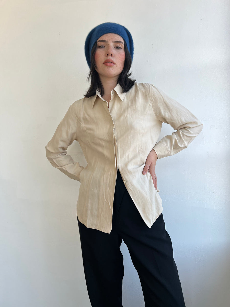 Vintage Beige Silk 90s Button Down Banshee